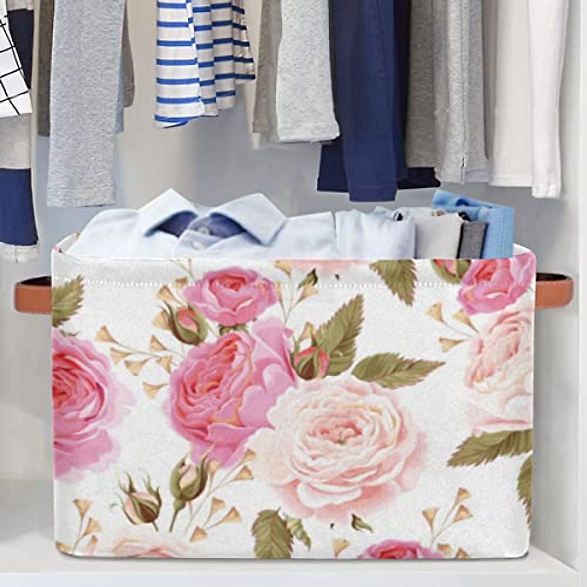 Pardick 2Pack Floral Flower Rose Large Collapsible Storage Bins,Pink Roses Decorative Canvas Fabric Storage Boxes Organizer with Handles，Rectangular Shelves Baskets Box for Home Office Nursery Closet