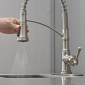 Bathfinesse Kitchen Sink Faucet Brushed Nickel with Pull Down Sprayer 3 Mode Commercial Faucet for Kitchen Sink Solid Brass Single Handle High Arc Pull Out RV Bar,Deck Plate Include