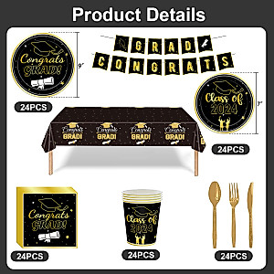 2024 Graduation Party Supplies,Graduation Party Decorations,Black & Gold Disposable Paper Plates Napkins Cups Tablecloth Banner for Congrats Grad (Serves 24)