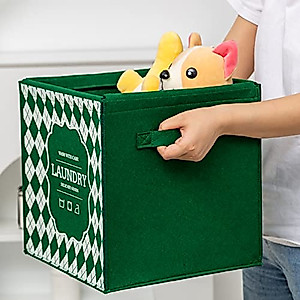 LUFOFOX Felt Fabric Bins,Set of 3,Collapsible Storage Bins with Handles,Foldable Storage Cubes for Shelves,Small Clothes Basket ,11.8"×11.8"×12.2" (Green)