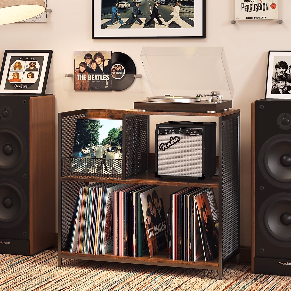 Huxitocan 3 Tier Record Player Stand Holds Up to 300 Albums with 4 Adjustable Divider for Turntable Stand, Large Vintage Record Player Table with Vinyl Record Holder Cabinet-Patent Pending