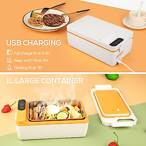 Keweis Cordless Electric Lunch Box Food Heater, Battery Powered Heated Lunch Box Food Warmer for Adults, Adjustable Heating Warming Time, 1L Self Heating Hot Lunch Boxes with Insulated Bag