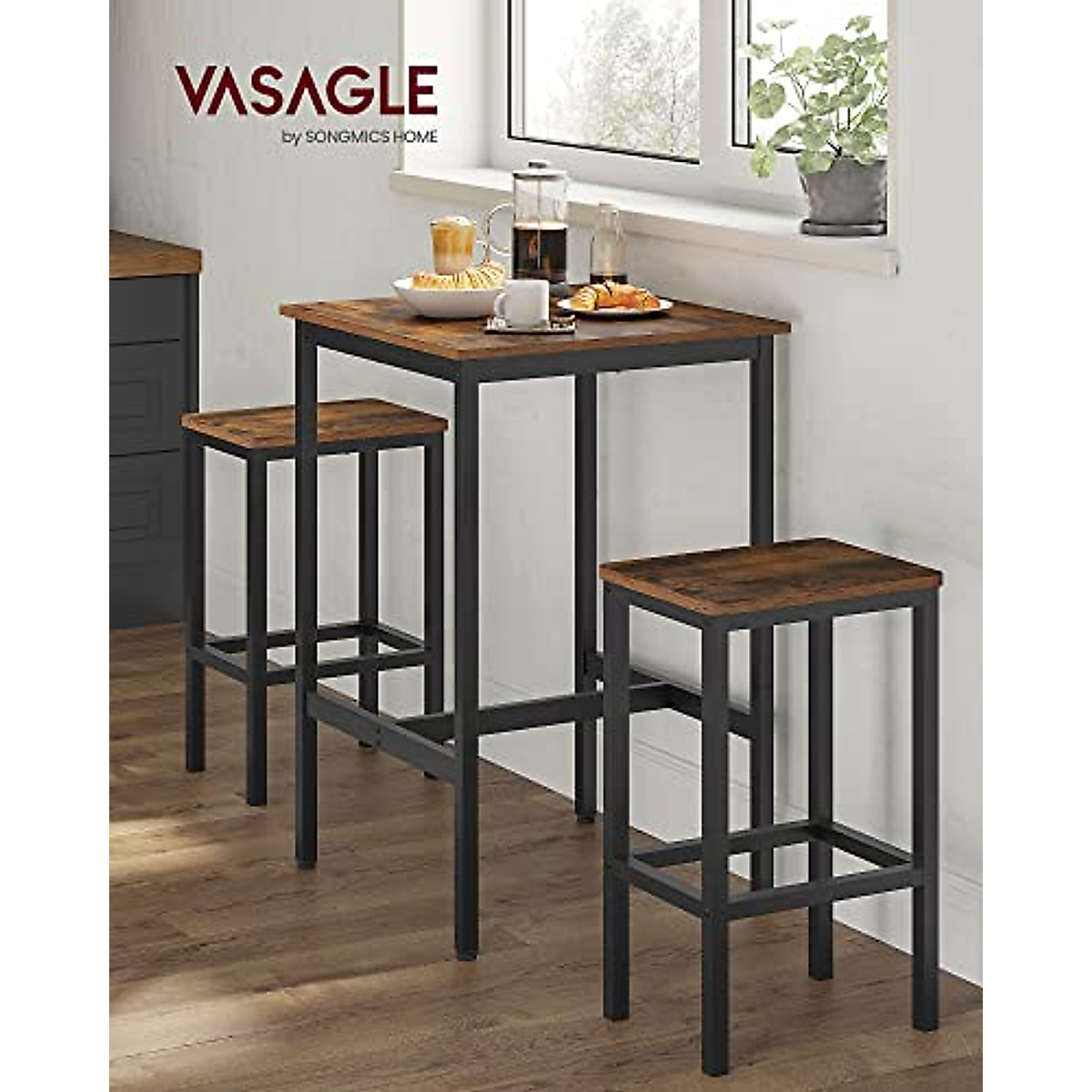 VASAGLE Bar Table, Small Kitchen Dining Table, High Top Pub Table, Height Cocktail Table for Living Room Party, Sturdy Metal Frame, 23.6 x 23.6 x 36.2 Inches for Narrow Spaces, Rustic Brown and Black