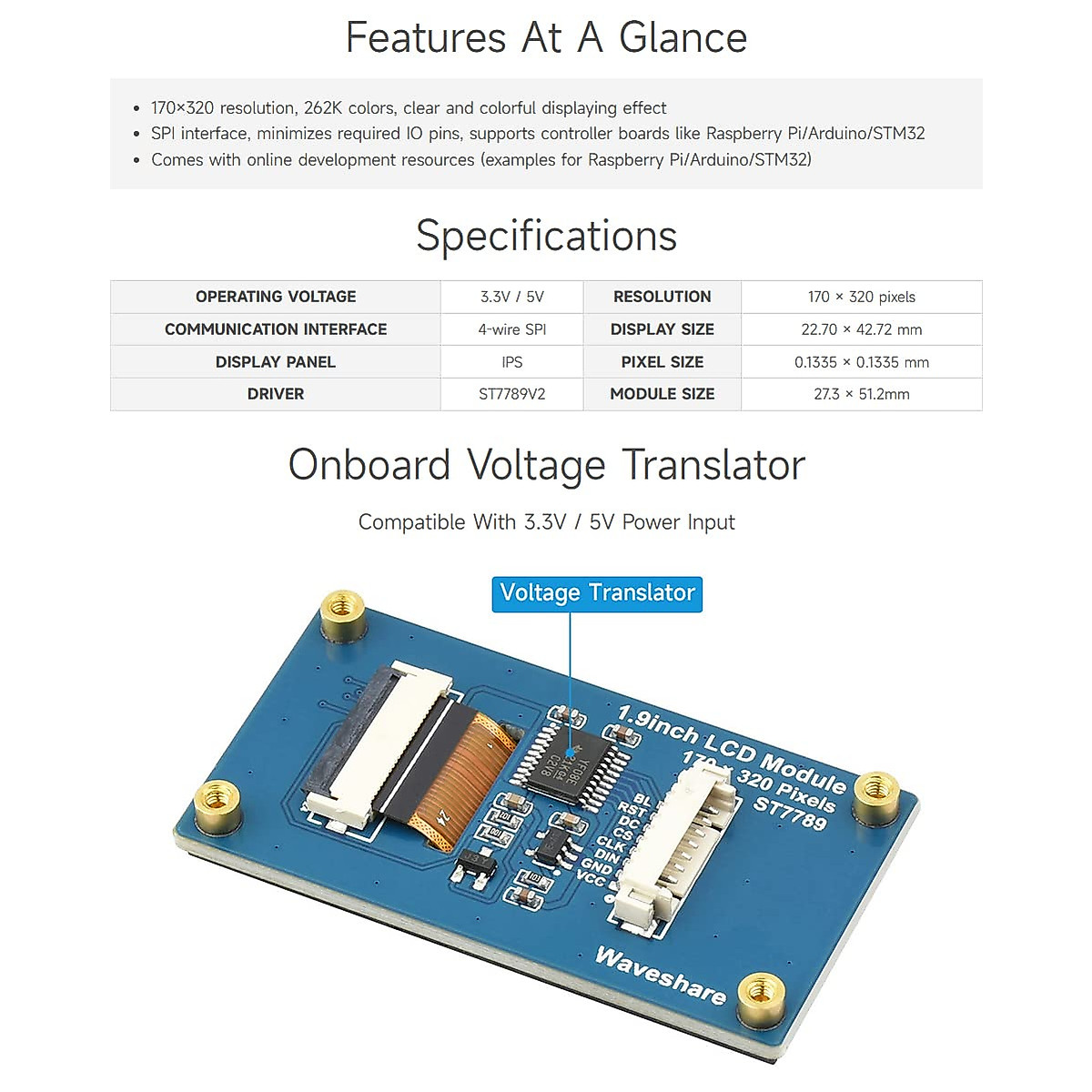 Waveshare 1.9inch LCD Display Module, 170×320 Resolution, SPI Interface, IPS, 262K Colors