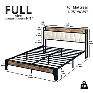 LIKIMIO Full Size Bed Frame, Storage Headboard with Charging Station, Solid and Stable, Noise Free, No Box Spring Needed, Easy Assembly (Walnut and Beige)