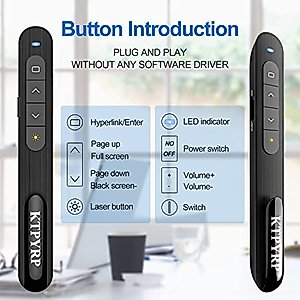 KTPYRP Presentation Clicker, PowerPoint Clickers, Wireless Presenter Remote, RF 2.4G Hz 100FT USB PPT Slide Remote Control with Clip for Presentations, Pet Cat Dog Lazer Pointer for Laptop