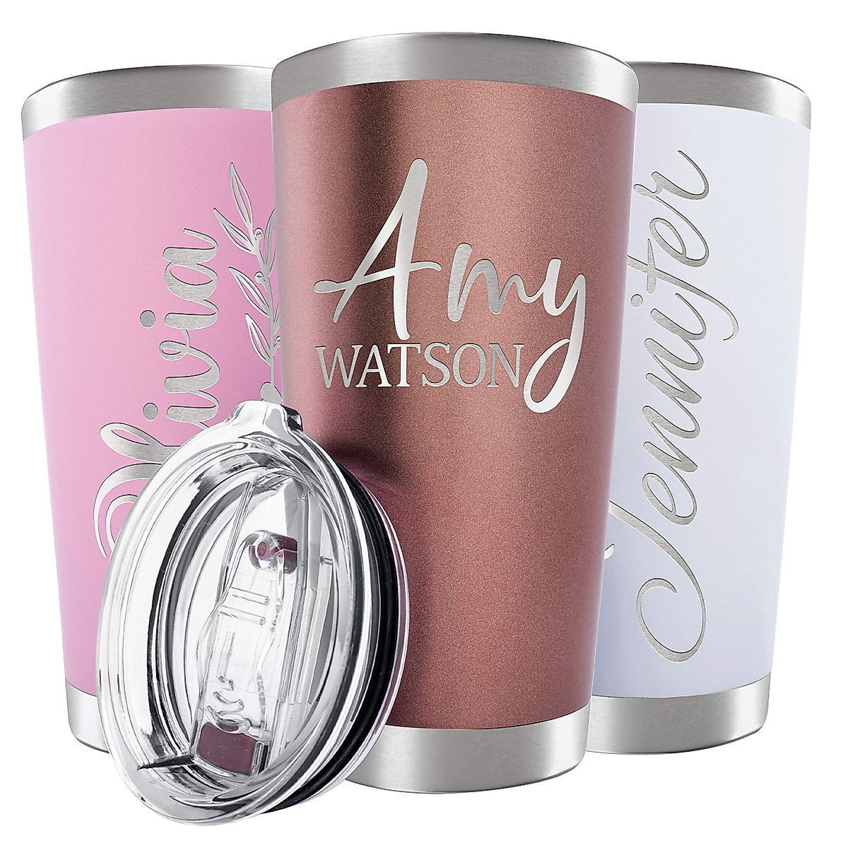 Personalized Tumbler with Engraved Name - 12 Designs, 20 Oz Coffee Tumbler with Slider Lid, Rose Gold, Double Wall Insulated - Custom Gifts for Women