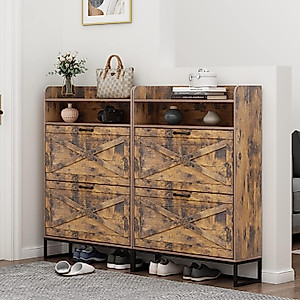 Gyfimioe Rattan Shoe Cabinet with 2 Flip Drawers, Slim Shoe Storage Cabinet for Entryway Freestanding Shoe Organizer Narrow Farmhouse Shoe Rack (Rustic Brown)