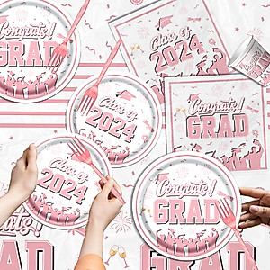 Graduation Party Supplies, 2024 Graduation Party Dinnerware Set, Congrats Grad Plates Napkins Cups Tablecloth Banner Balloons for Class of 2024 Graduation Decorations Supplies (Rose Pink)