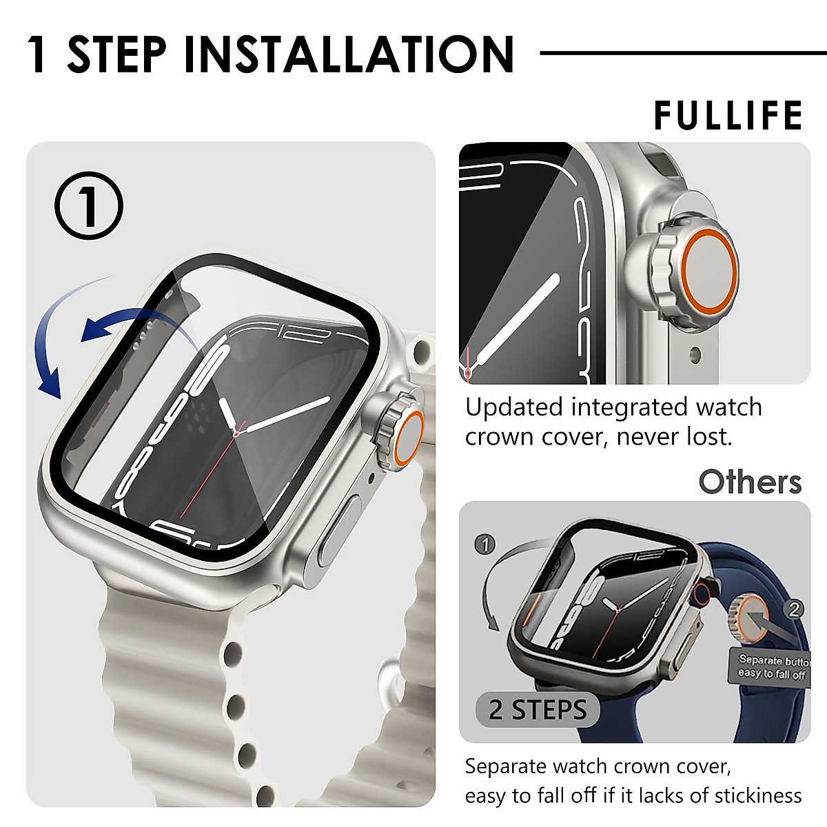 Fullife - Ultra Look - 2 in 1 Compatible with Waterproof Apple Watch Case 44mm Series 6 5 4 SE with Tempered Glass Screen Protector, iWatch 360 Protective Hard PC Bumper for Men Women, 44mm Titanium