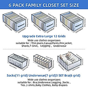 XJJX Closet Organizers and Storage, Draw Clothes Organizer, Jean Organizer for Closet, Wardrobe Closet Organizer for T-Shirts, Pants, Jeans, Bra, Socks, Underwear (3Pack 12Grids+3Pack Bra Socks)