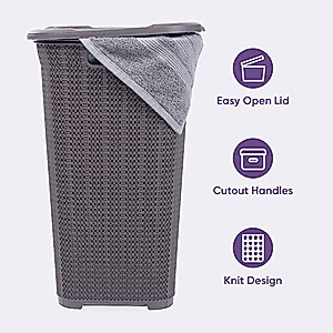 Designed Laundry Hamper with Lid, 2 Pack Plastic Laundry Hamper Basket, Purple Cloths Hamper Organizer with Cut-out Handles. Space Saving for Laundry Room Bedroom Bathroom, Knit Design 50 Liter.