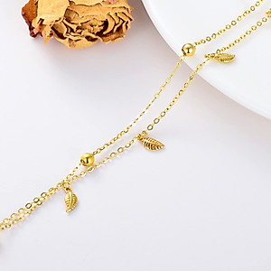 SISGEM 14K Real Gold Leaf Anklets for Women, Real Gold Beads Station Anklet Bracelet Tassel Double Foot Link Beach Anklets Anniversary Birthday Jewelry Gifts for Wife Mom 8''+2'' (Double Chains)
