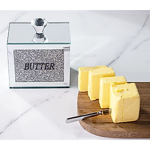 5.9"x3.9"x5.1" Butter Container Box with Lid, Glass Cheese Tank Storage Box Filled with Sparkly Crystal Crushed Diamonds, Keep Butter Cheese Fresh & Sparkle, Ideal for Kitchen, Dining Room