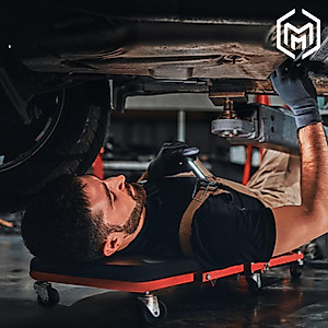 M-AUTO Heavy-Duty Convertible Mechanic Creeper, Z-Creeper 2-in-1 Creeper and Seat 48" Padded Adjustable Headrest Roller Garage Chair with 7 Swivel Casters for Washing, Detailing, Maintenance, Red