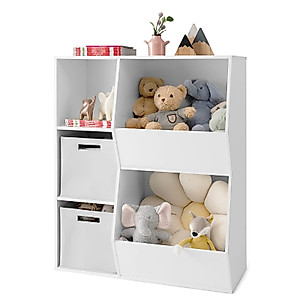 GLACER 5-Cube Kids Toy Storage Organizer, Freestanding Wooden Bookcase Bookshelf w/ 2 Removable & Foldable Bins, Open Multi-bin Storage Display Cabinet for Kids Room, Play Room, Nursery, White