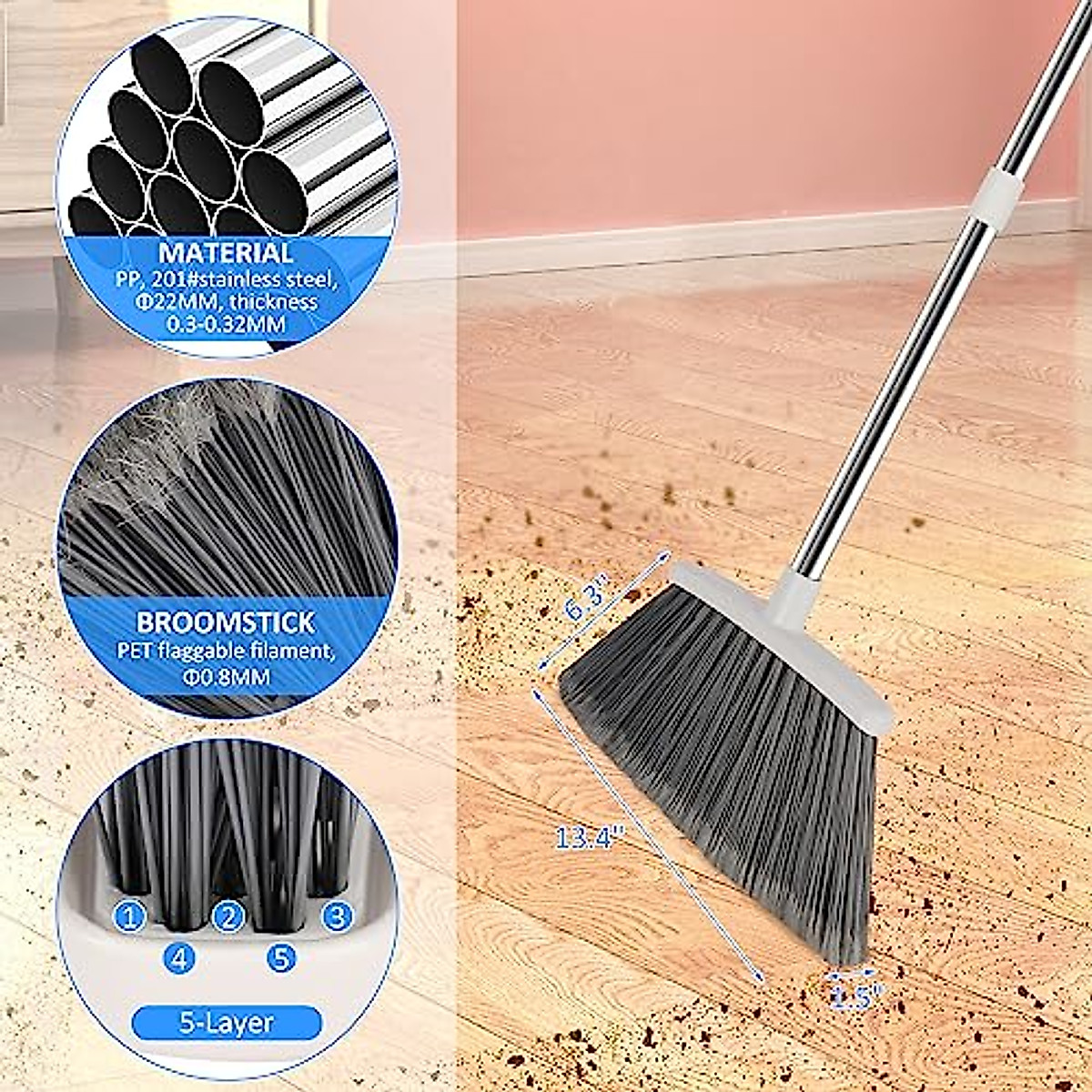 Upgraded Extra-Large Upright Broom - 56.7" Length, Gray Broom Flowering Bristles for Enhanced Indoor and Outdoor Cleaning - Stainless Steel Handle - Cleaning Solution for Home, Kitchen, and Office