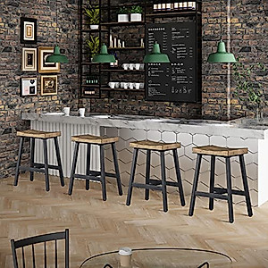 OUllUO Black Bar Stools, Counter Height Bar Stools, Set of 2, Brown Solid Wood Saddle Stools with Metal Legs, 24 Inch Kitchen Counter Stools, Stools for Dining Room Kitchen Island, Pub,Bar,521P-BBWD