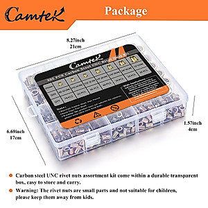 Camtek 325PCS Rivet Nut Kit, #8-32#10-24 5/32"-32UNC 1/4''-20UNC 5/16''-18UNC 3/8''-16UNC 1/2"-13UNC Zinc Plated Carbon Steel Flat Head Rivnut Threaded Insert Rivet Nuts Assortment Set