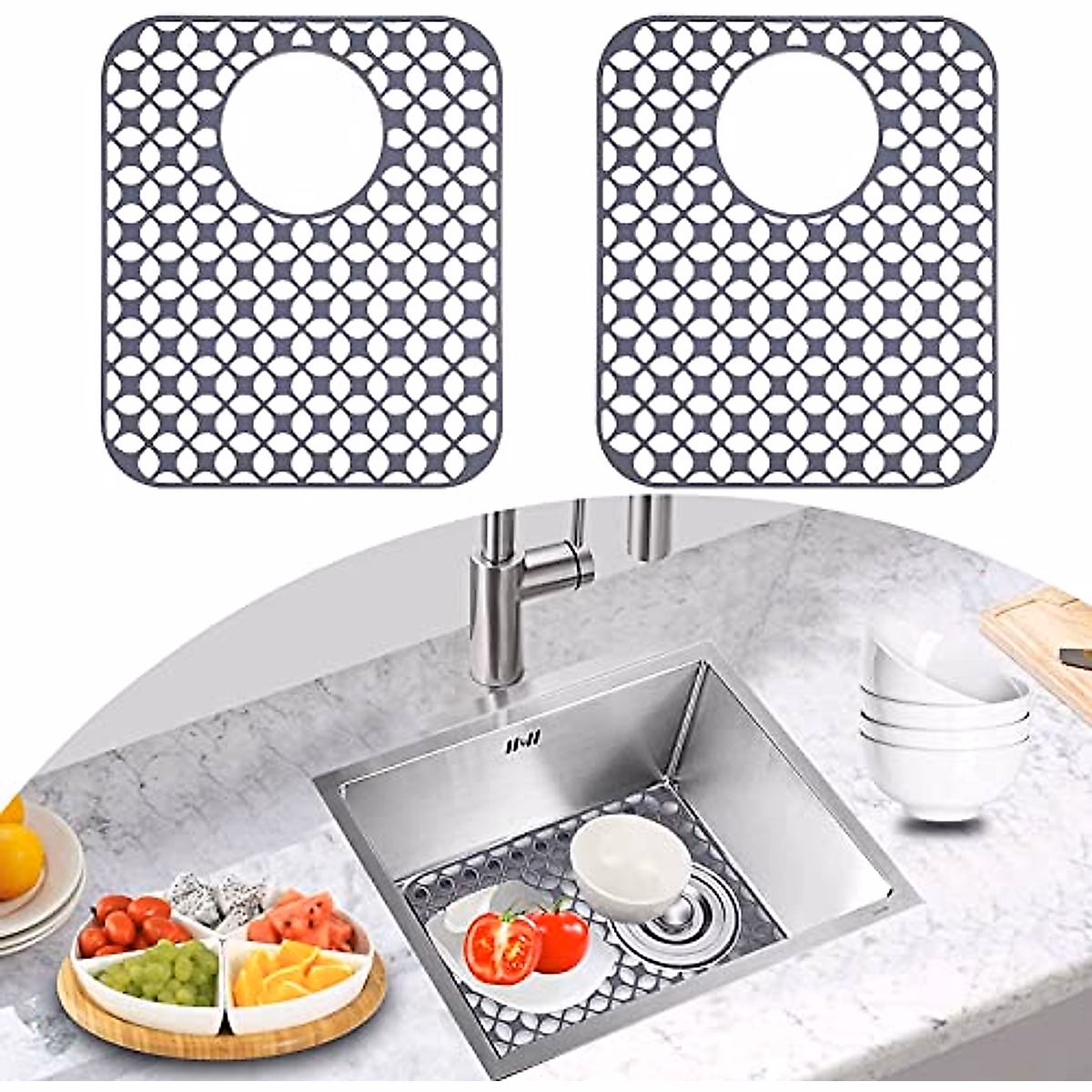NCUUBR Silicone Sink Mats for Bottom of Kitchen Sink, 2 PCS Sink Mat and Protectors for Stainless Steel Sink, 13.58 ''x 11.6 '' Rear Drain Non-slip Sink Protectors