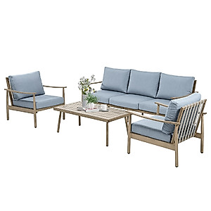HAPPATIO Patio Outdoor Furniture Set - 4 Piece Aluminum Patio Conversation Set with 1 Coffee Table, 2 Armchairs and 1 Three-Seater Sofa, Aluminum Outdoor Furniture Set for Backyard Poolside(Brown)