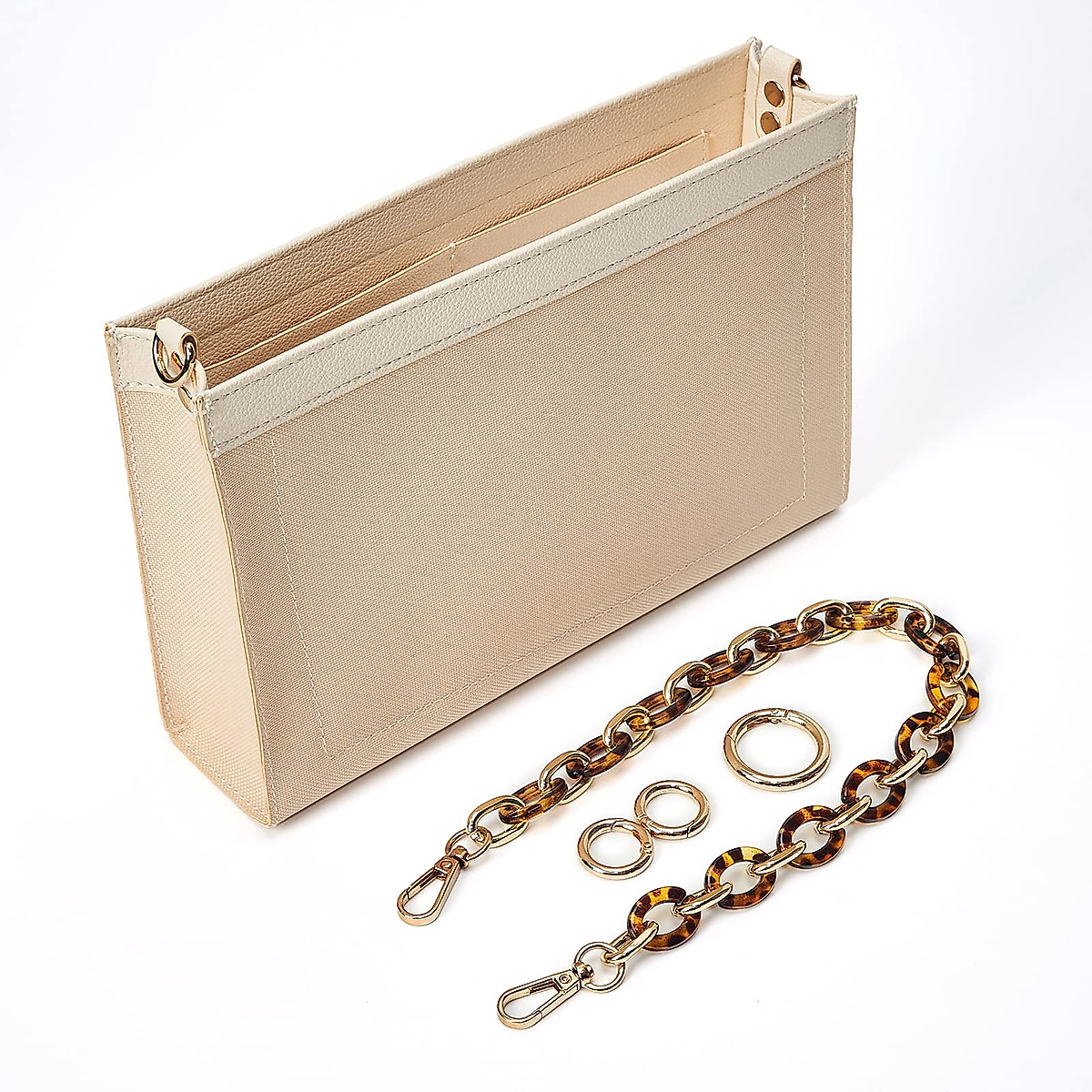 Vercord Purse Insert Organizer 26 Toiletry Pouch Insert with Leopard Acrylic Chain Strap Beige L