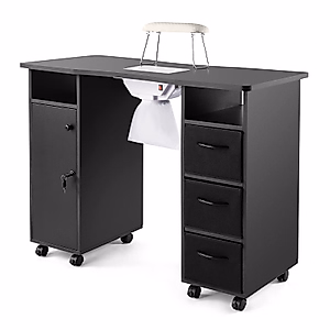 Artist hand Manicure Table, Nail Table, Nail Beauty Manicure Desk, Wrist Cushion, Lockable Wheels, Storage Drawers, Electric Downdraft Vent, White
