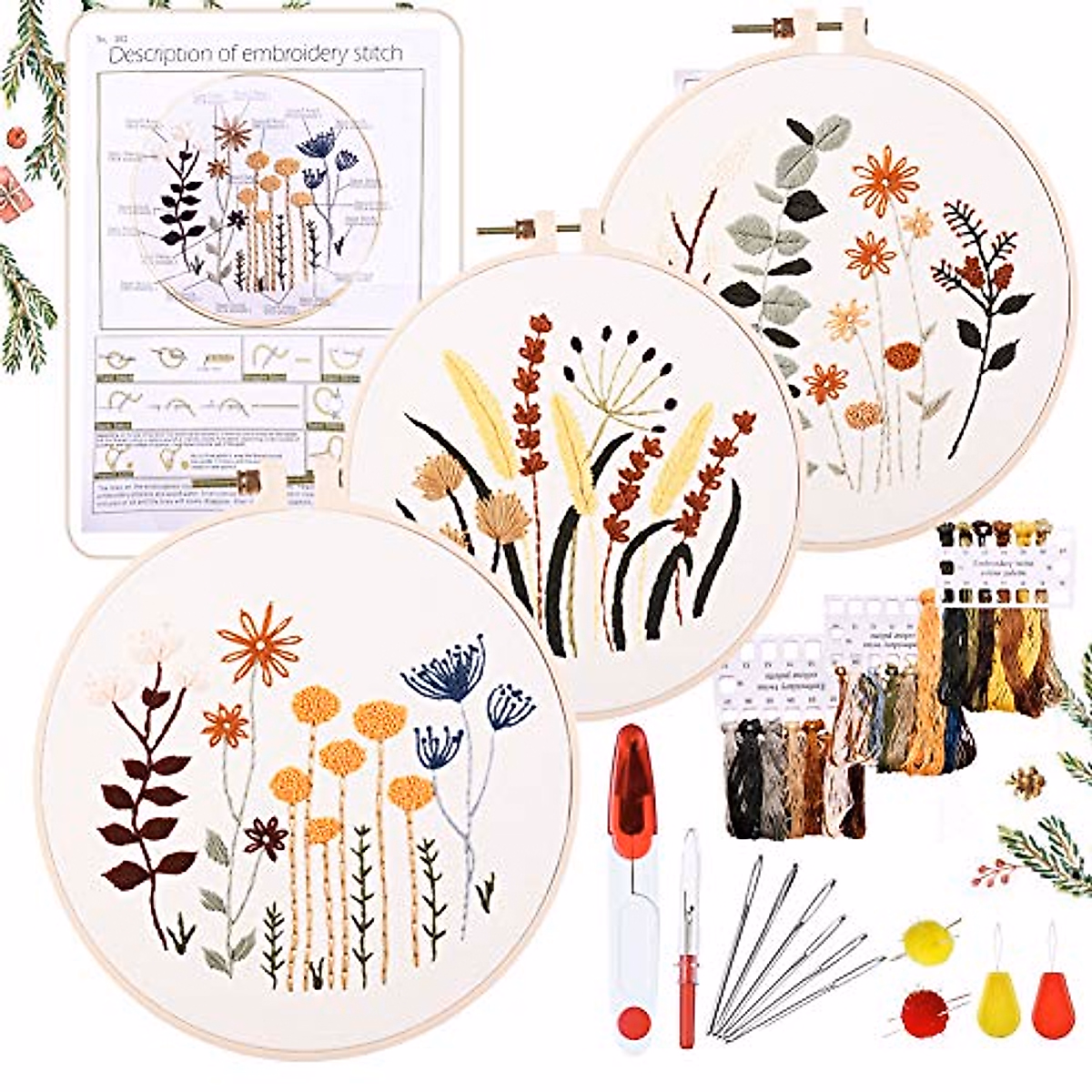 YINVA 3 Sets Embroidery Beginner Kits Embroidery Starter Kit Cross Stitch Kit Include 3 Embroidery Clothes with Floral Pattern Instructions Hoops Floss Thread Fabric Needles for Beginners