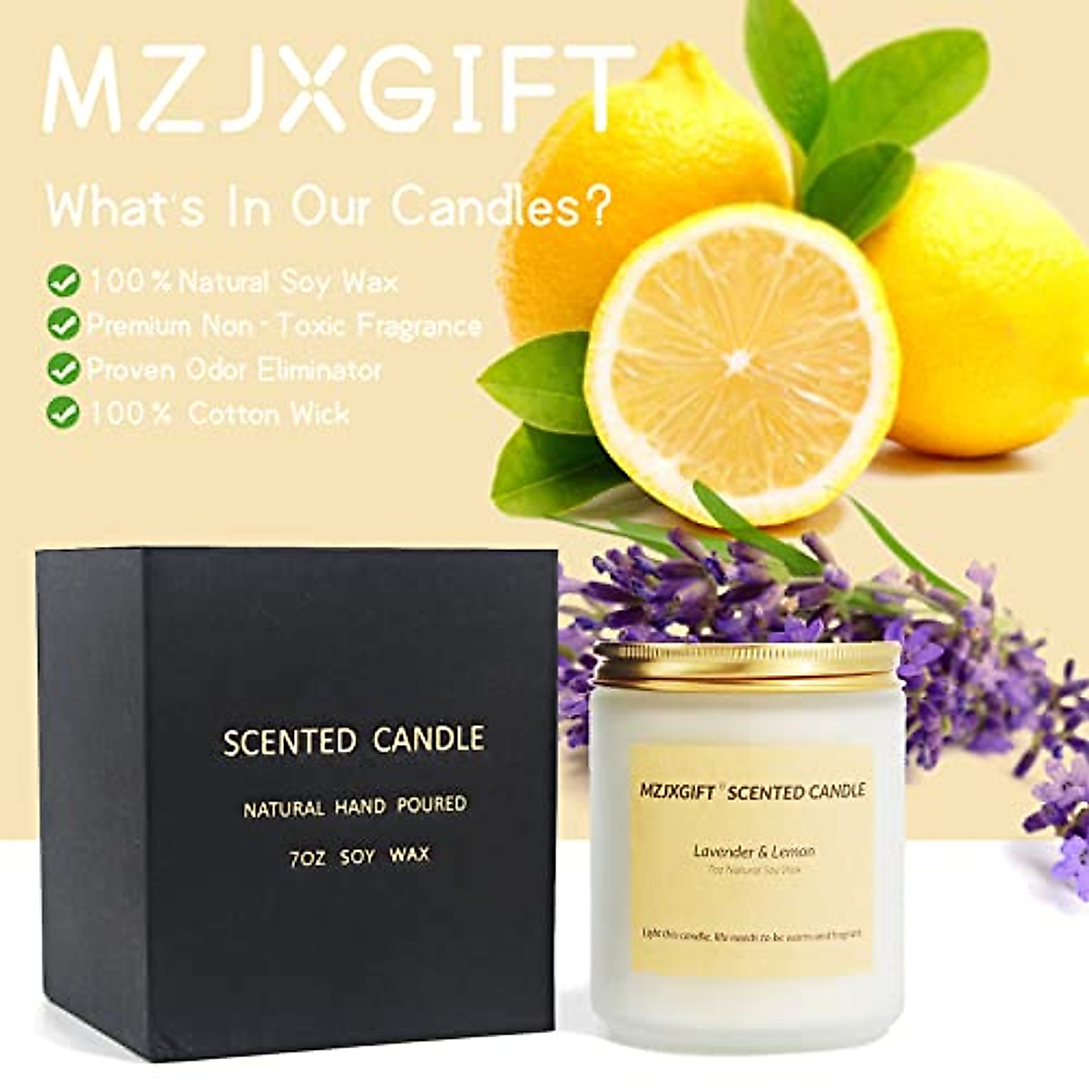 Great Gifts for Him or Her, MZJXGIFT Scented Candle, 7 Oz Natural Soy Wax, Single Lead-Free Cotton Wick, 48 Hours of Burn Time (Lavender & Lemon)