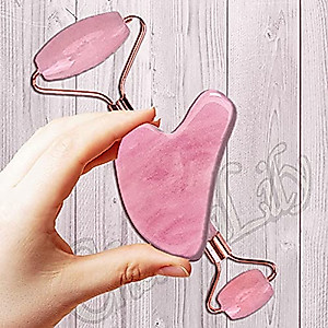 Rose Quartz & Ice Roller + Gua Sha Massager Tool Set for Face & Eyes by Charmlily, Puffiness, Reduce Wrinkle Aging, Migraine, Pain Relief on Neck & Body, Cold Facial Original Natural Stone - 3 in 1
