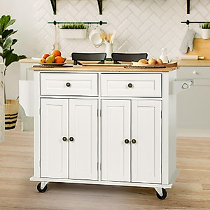 TUSY 43" Kitchen Island with Storage, Rolling Kitchen Cart with Lockable Wheels, Solid Wood Tabletop Kitchen Island Table for Kitchen, Living Room, White