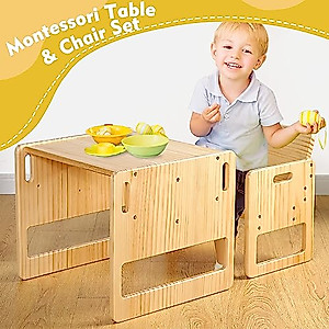 FUNLIO Montessori Weaning Table and Chair Set for Toddlers Age 1-3, Height Adjustable Toddler Table and Chair Set, Cube Kids Table Chair for Reading/Eating/Playing, Easy to Assemble, CPC Certified