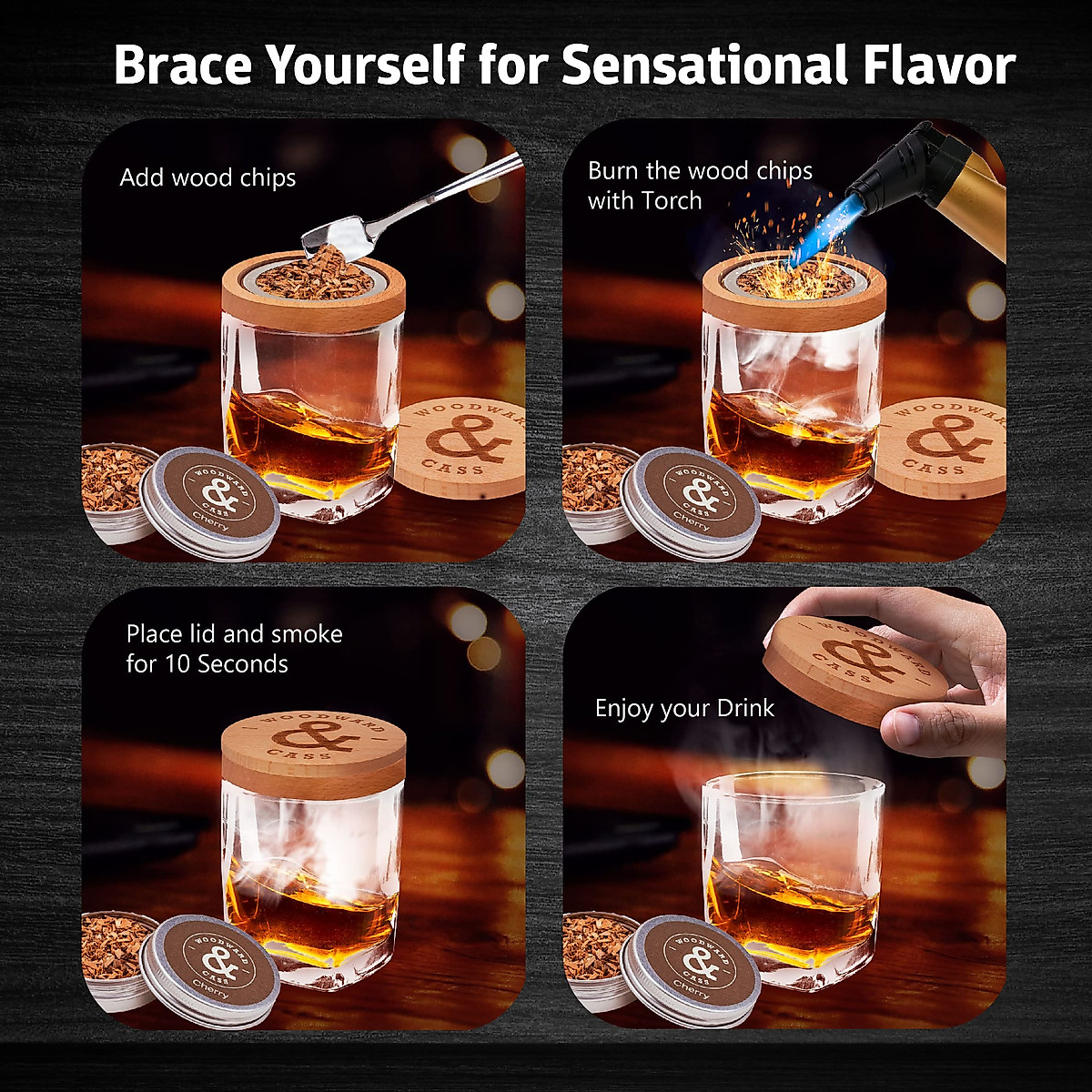 Woodward & Cass Whiskey Smoker Kit with Torch - 8 Piece Set - Drink Smoker Infuser Kit with Wood Box, Torch, Smoker, 4 Wood Chip Flavors, and Recipe Booklet - Bourbon Smoker Kit for Drinks