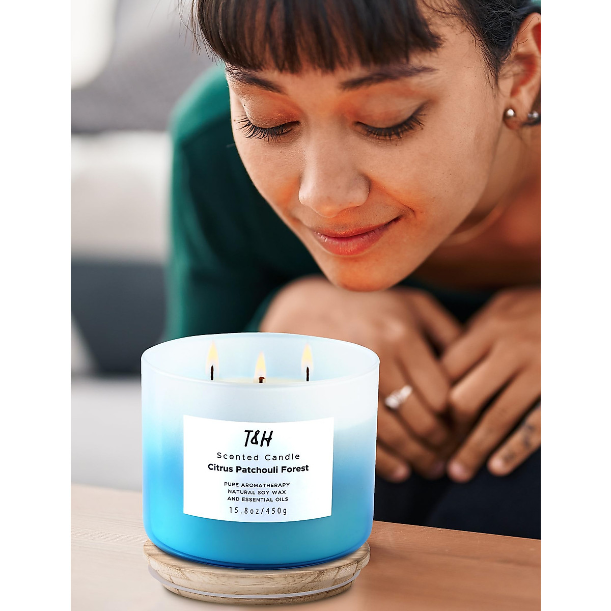 Large Citrus Patchouli Eucalyptus & Cedar Forest 3-Wick Candle - Highly Scented Natural Soy Candle for Home & Office 15.8 oz - Aromatherapy Stress Relief Candle, Refreshing Gift Candle for Women & Men