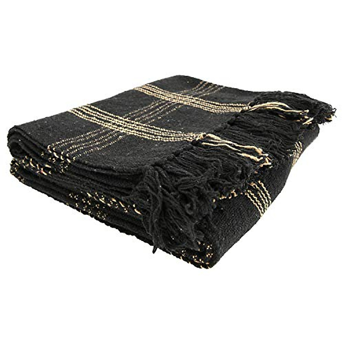 Creative Co-Op Plaid Black & Tan Fringed Woven Cotton Blend Throw 60 inch x50