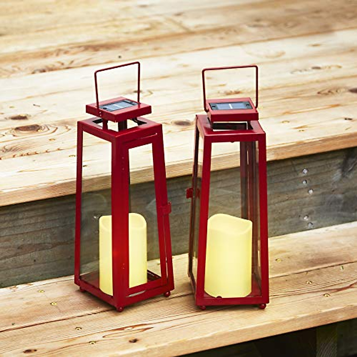 Red Outdoor Solar Lanterns - 11 Inch, Set of 2, Metal & Glass, Waterproof Flameless Pillar Candle, Dusk to Dawn Timer, Flickering LED Light, Rustic Vintage Patio