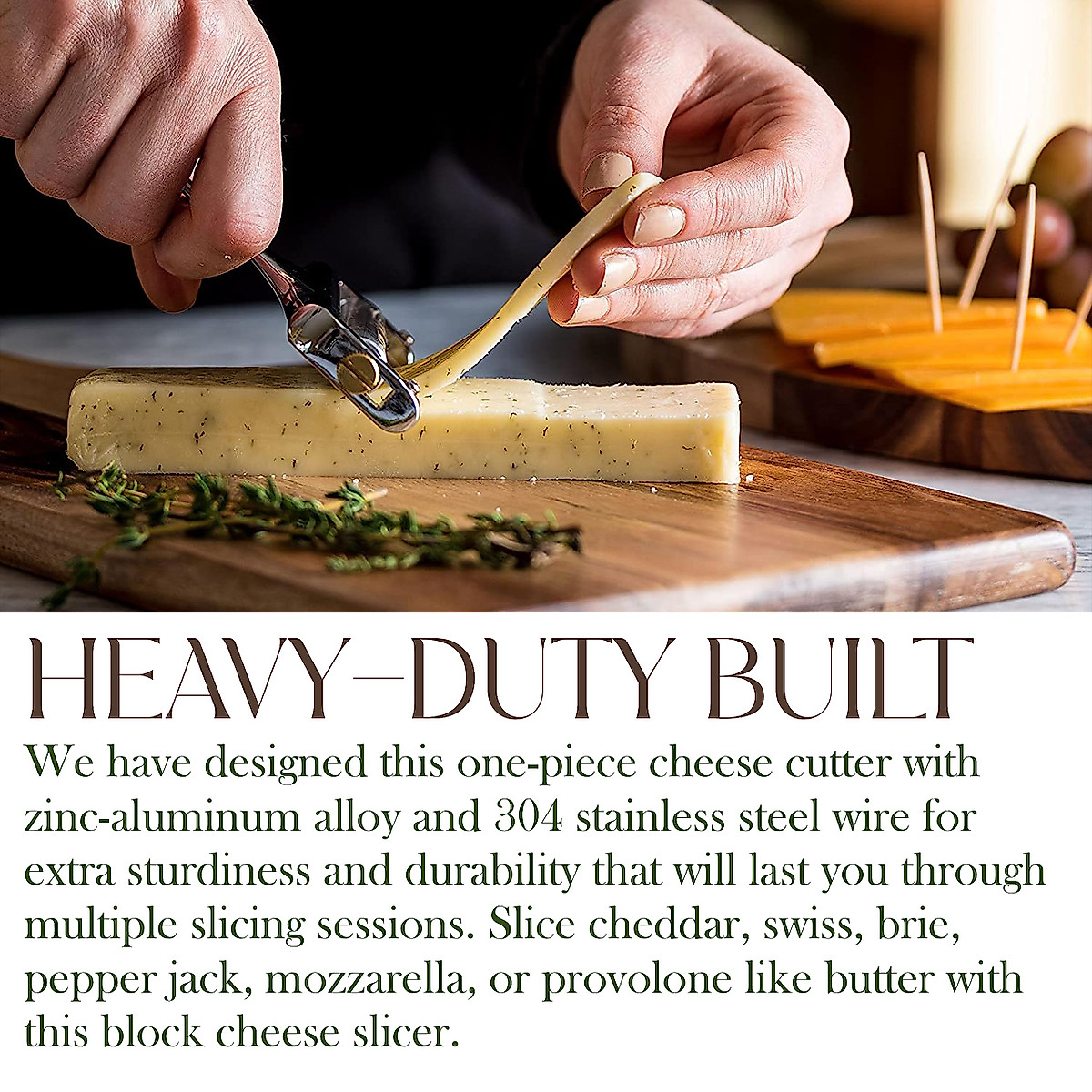 Bellemain Stainless Steel Wire Cheese Slicer - Hand Held Cheese Cutter for Cheddar, Gruyere, Raclette, Mozzarella Cheese Block, Adjustable Cheese Shaver, Thick & Thin Slicer, Cheese Curler (Silver)