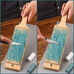 ANGERSTONE Double Sided Leather Strop Kit(14.3" x 3" Knife Stropping Leather）with Ergonomic Handle - Knife Strop for Sharpening Knives, Wood Carving Chisels, Buffing Compound Included