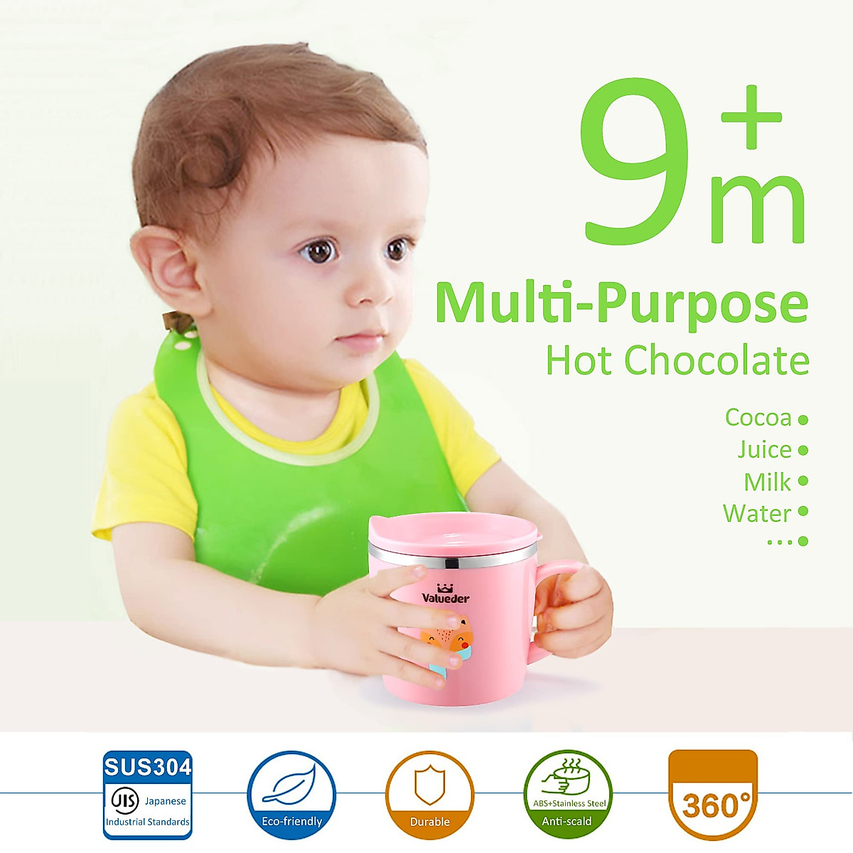 Valueder Baby Kids Toddler Sippy Cup Mug for Milk, Coffee, Stainless Steel Trainer Straw Cup with Lid, Fox, 7oz/Pink