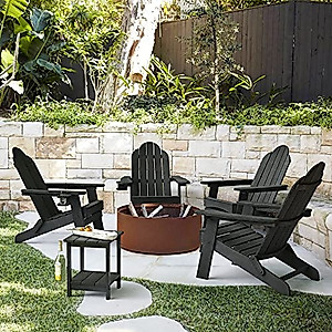 LUE BONA Folding Adirondack Chair Set of 4, Black Poly Fire Pit Adirondack Chair Weather Resistant, Modern Plastic Adirondack Patio Chairs with Cup Holder, 320LBS, Outdoor Chairs for Pool Porch Beach