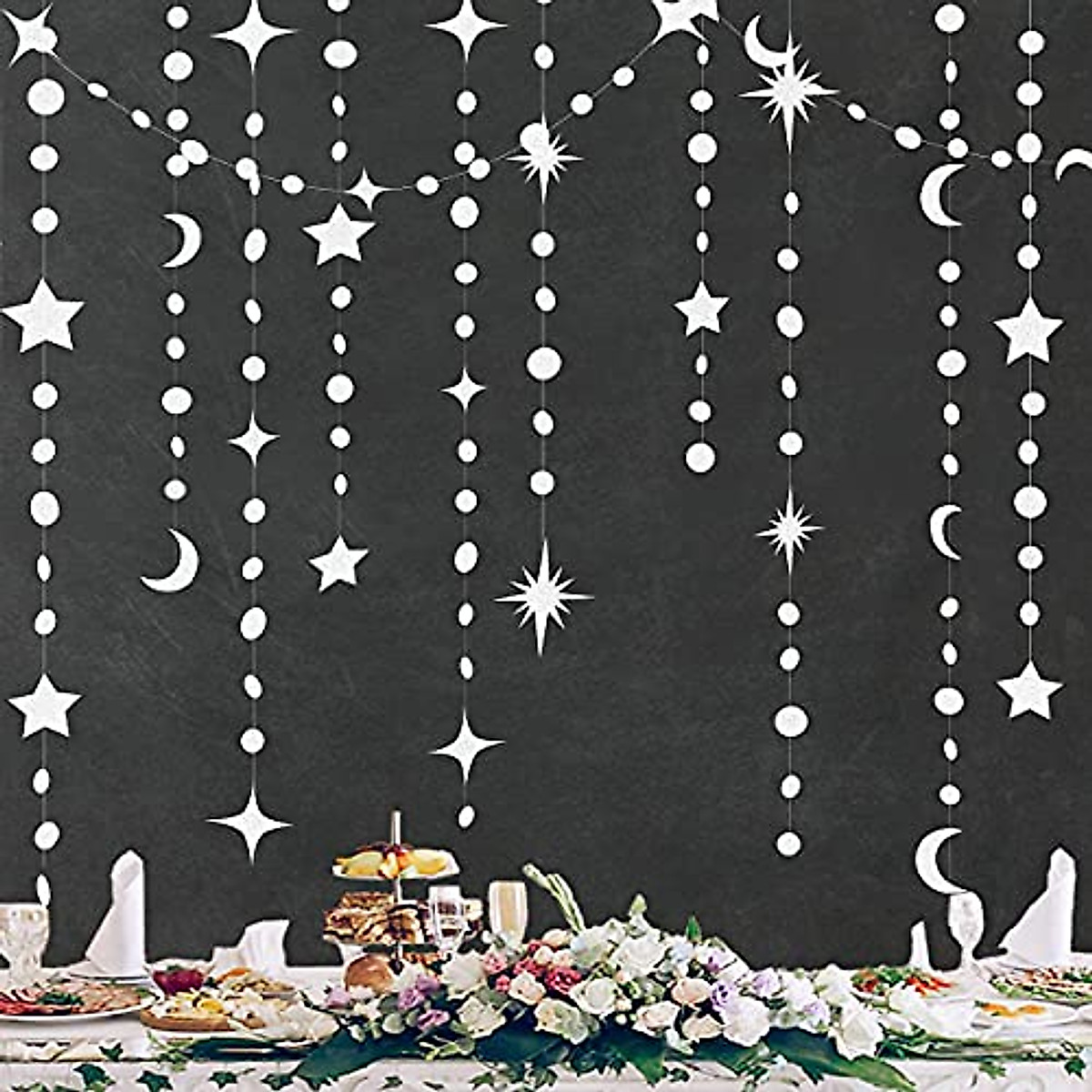 White Star Moon Circle Dot Garland Party Decoration Hanging Crescent Twinkle Little Star Streamer Bunting Banner for Wedding Engagement Anniversary Bridal Shower Kids Birthday Baby Shower Decor