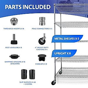 Crescent, Chrome, 48 x 18 x 76, 4000 LBS, Metal Shelves for Storage with Wheels, Ideal for Garage Shelving, 5 Tier Wire Shelving Rack for Kitchen Storage, Heavy Duty Shelving for Home Storage