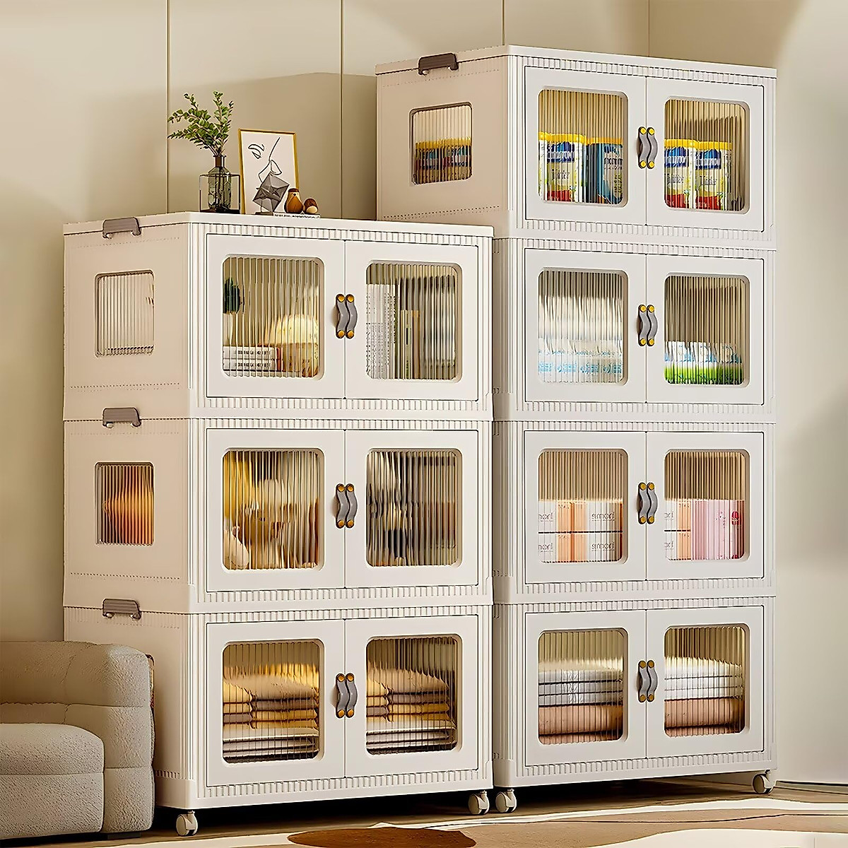 MOPUP 555 Quart Collapsible Storage Bins,3 Packs Plastic White Closet Organizers Storage with Lids,Dual Open Stackable Bins with Wheels for Home and Office