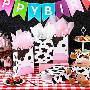 Nezyo 16 Set Cow Party Favors Bag with Tissue Paper and Stickers, Cow Print Gifts Bags with Handles, Farm Themed Goodie Treat Candy Kraft Paper Bags for Kids Cow Farm Animals Birthday Party Supplies