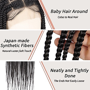Lexqui 36" Large Knotless Braided Wigs for Women Box Braided Lace Wigs Human Hair Blended Braided Lace Front Wigs Full Double Lace Braid Wig with Baby Hair Natural Black