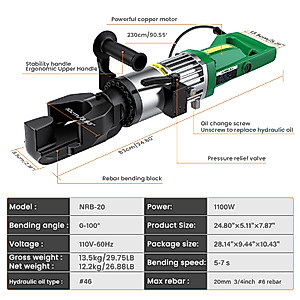 Anbull 1100W Electric Rebar Bender,Hydraulic Rebar Bending Machine Bending up to 3/4 Inch #6 20mm Rebar, Rebar Bending Angle 0-100 Degrees