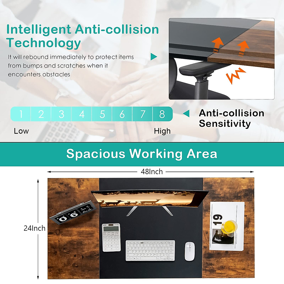 Tangkula Standing Desk with Keyboard Tray, Height Adjustable Electric Sit Stand Desk with Splice Board, Anti-Collision Technology & 2 Hooks, 48 x 24 Inch Stand Up Workstation for Home Office