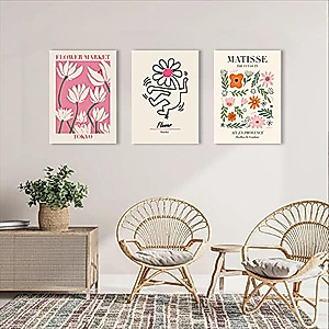 Matisse Wall Art Set of 3, Abstract Matisse Wall Art Exhibition Posters, Pink Beige Flower Market Posters, Minimalist Framed Flower Market Wall Art, Canvas Matisse Prints Painting for Aesthetic Room, Bedroom, Living Room Wall Decor（12x16inch)
