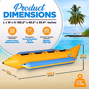 SereneLife Inflatable Floating Banana Boat, Towable Tube for Boating, up to 4 Riders, Includes Storage Bag, Food Pump, and Repair Kit