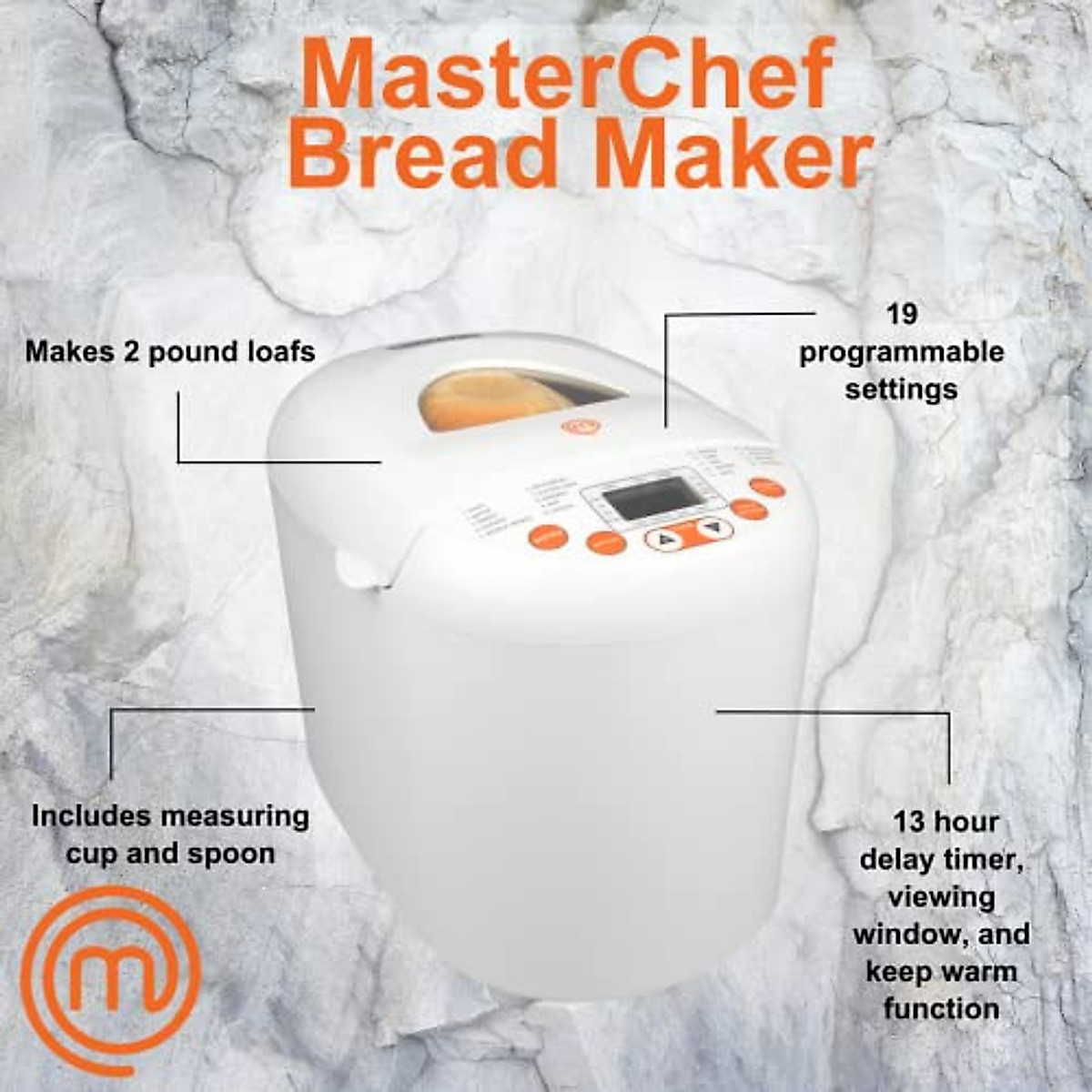 MasterChef Digital Bread Maker-2-Pound Programmable Machine w 19 Settings & 13-Hour Delay Timer-Automatic 3 Mode Crust, Baker Healthy Fresh Gluten Free, Wholewheat Loaf, Recipe Guide, Mothers Day Gift